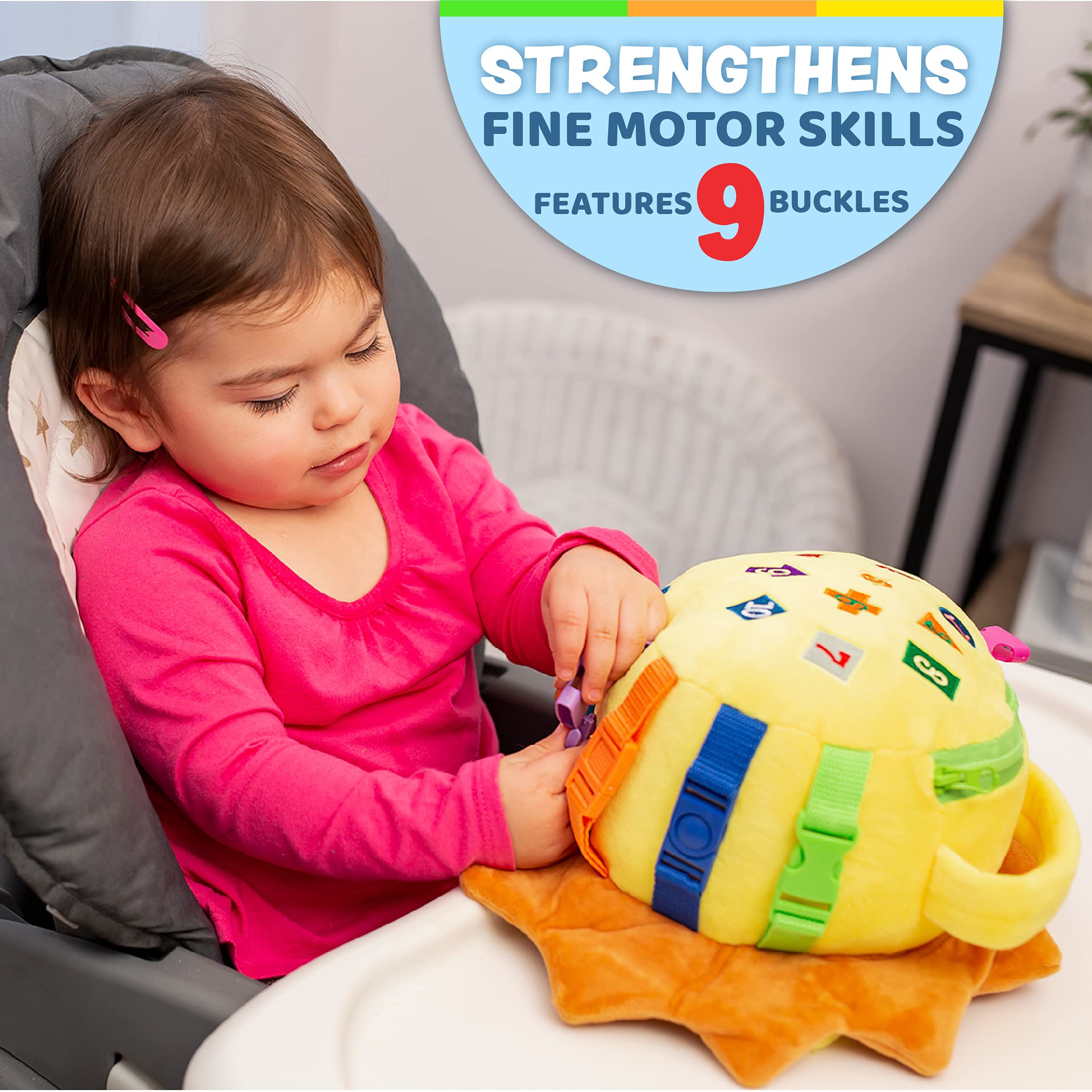 Buckle Toys - Benny Lion - Toddler Plush Activity Toy Stuffed Animal - Great for Homeschool or Preschool - Fine Motor Skill and Cognitive Skill Development - Zipper Storage