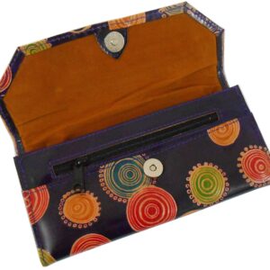 Circles Design Genuine 100% Pure leather Embossed Handmade Colorful Shantiniketan Hand Purse in Blue