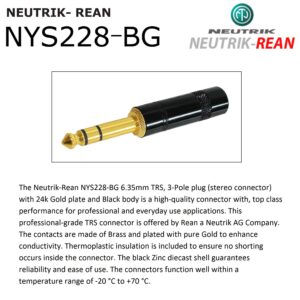 2 Units - 4 Foot - Canare L-4E6S Star Quad, Patch Cable terminated with Neutrik-Rean NYS ¼ Inch (6.35mm) Gold TRS Stereo Phone Plugs - CUSTOM MADE By WORLDS BEST CABLES.