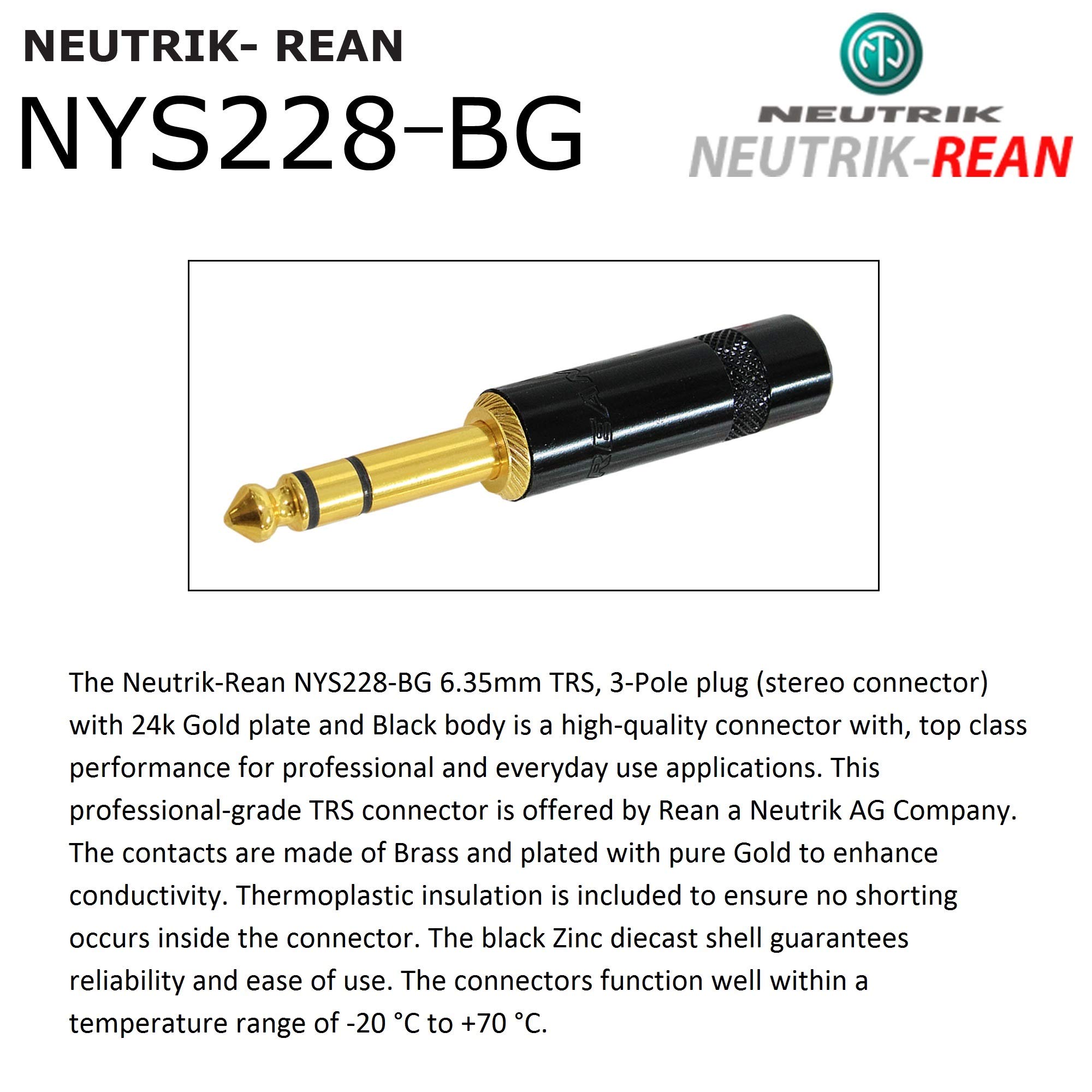 2 Units - 10 Foot - Canare L-4E6S Star Quad, Patch Cable terminated with Neutrik-Rean NYS ¼ Inch (6.35mm) Gold TRS Stereo Phone Plugs - CUSTOM MADE By WORLDS BEST CABLES.