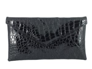 loni womens neat envelope patent croc clutch bag in black