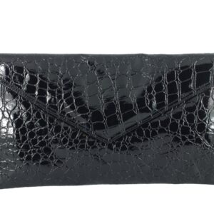 LONI Womens Neat envelope patent croc clutch bag in Black