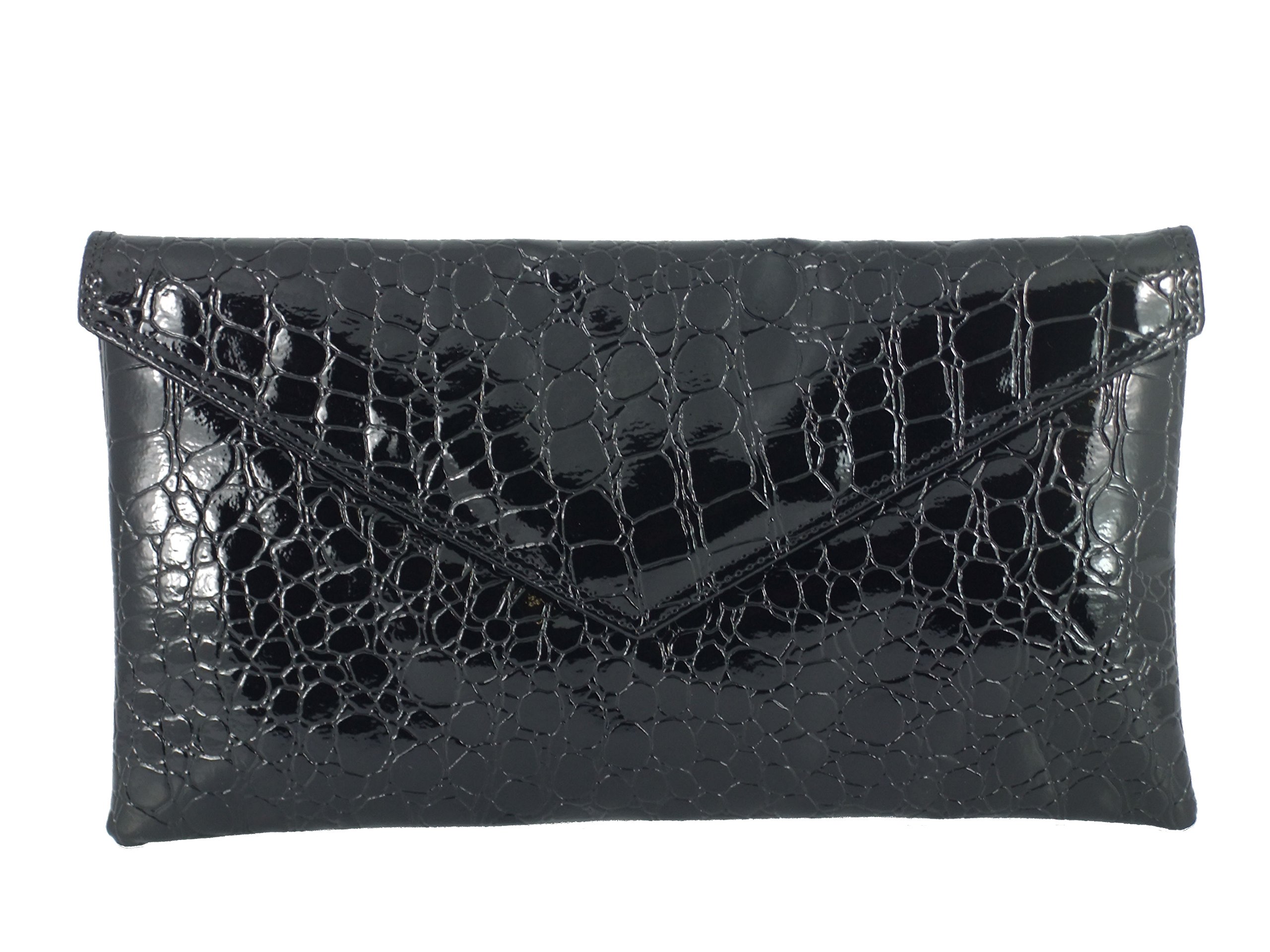 LONI Womens Neat envelope patent croc clutch bag in Black