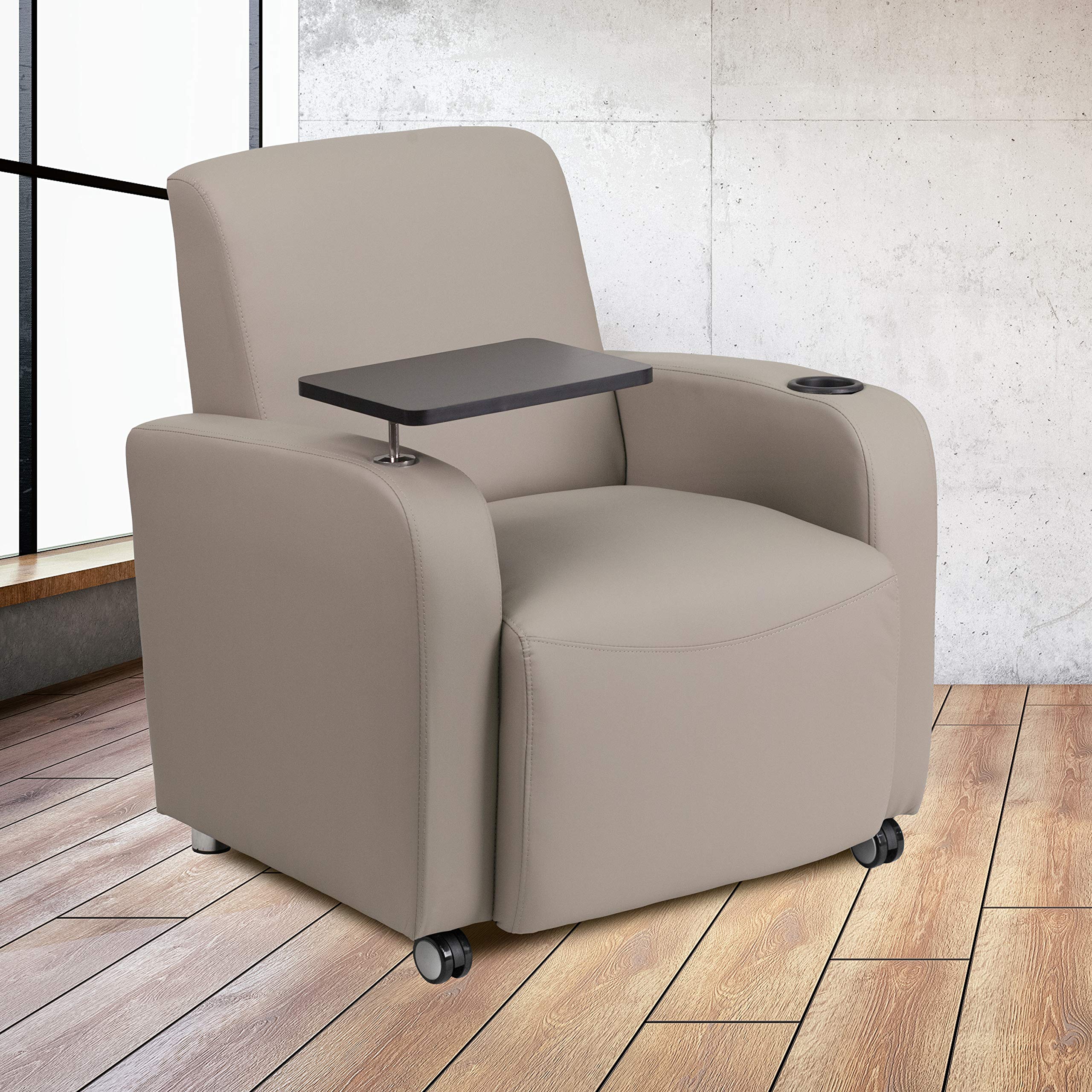 Flash Furniture George Gray LeatherSoft Guest Chair with Tablet Arm, Front Wheel Casters and Cup Holder