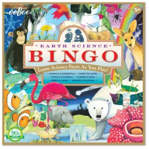 eeboo: natural science bingo game, for 2 to 4 players, learn science facts as you play, for ages 5 and up, includes cloth bag for holding tiles