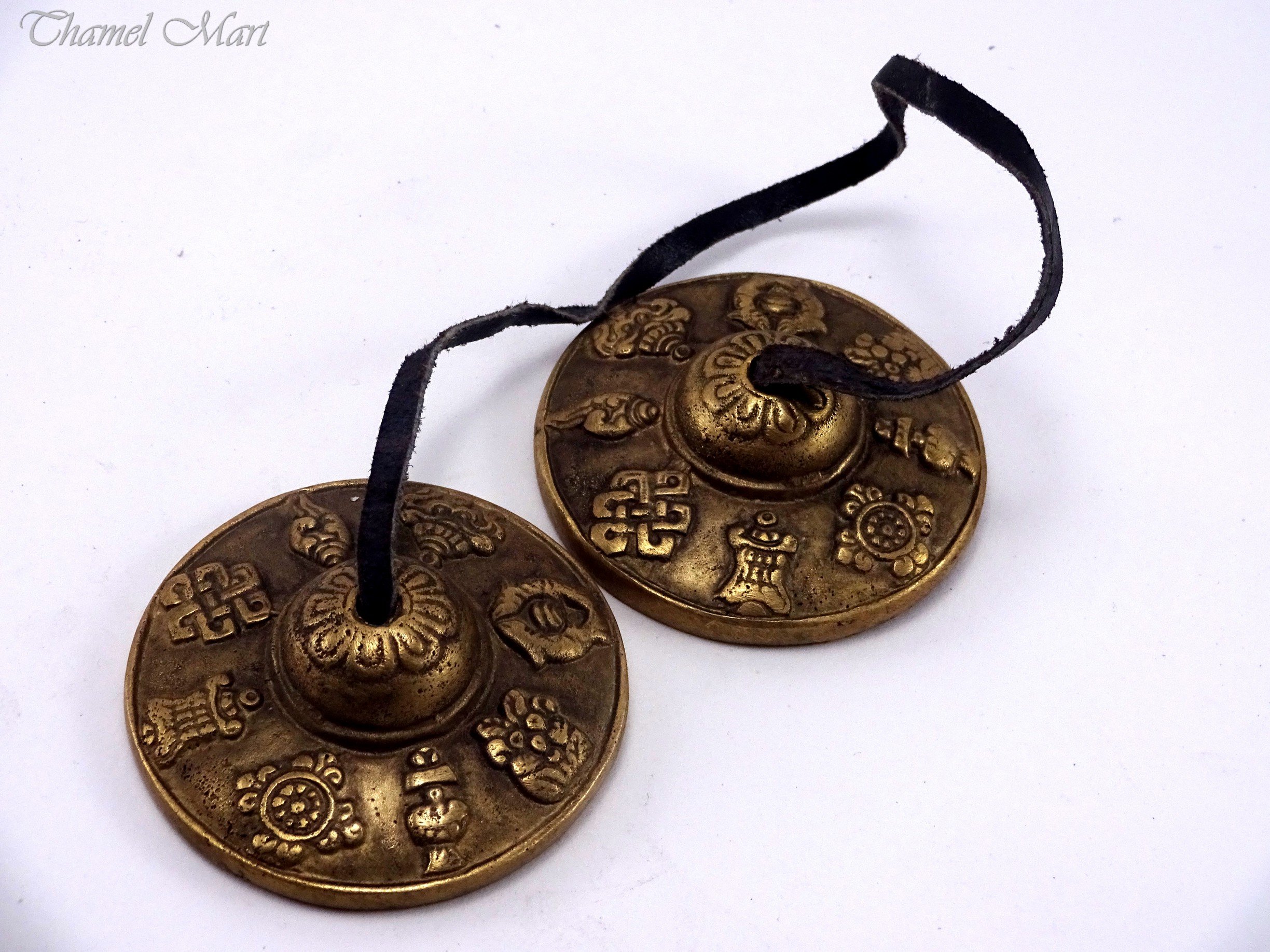 Hand Tuned to Key of Om - 2.75" Tingsha Tibetan Bell (Chimes) Buddhist Lucky Symbols (Medium)