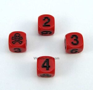 skull and cross bones dice d6 opaque red with black large numbers 15.8mm (5/8in aprox.) set of 4 koplow games wkp18277e4