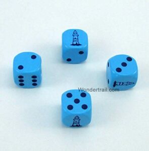 wondertrail lighthouse dice d6 blue opaque with black pips 16mm (5/8in) set of 4 dice koplow game wkp11667e4