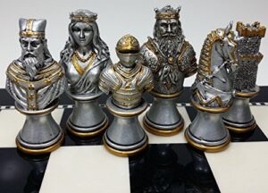 medieval times crusades knight chess men set gold & silver busts - no board