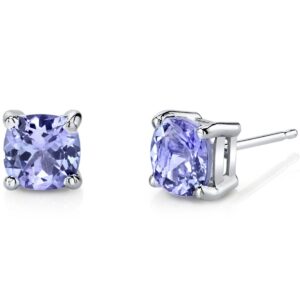 peora 14k white gold tanzanite stud earrings for women, genuine gemstone, hypoallergenic, aaa grade, cushion cut 6mm, 2 carats total, friction back, tanzanite gold earrings, dainty earrings studs