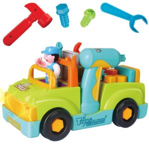 toddler tool set toy trucks kids mechanic workbench take apart musical toolbox with electric drill, power play tools, lights, bump and go building toy for 2 year old boys