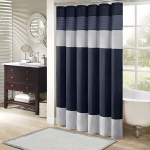 madison park amherst bathroom shower curtain faux silk pieced striped modern microfiber bath curtains, 72x72 inches, navy