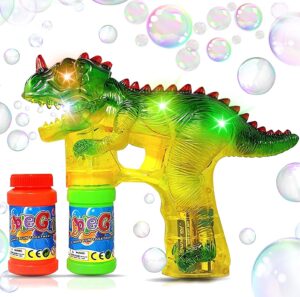 haktoys dinosaur bubble gun: battery operated bubble maker toys for toddlers boys and kids | batteries and refill bottles included