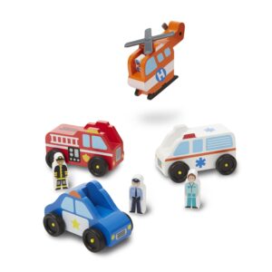 melissa & doug emergency vehicle wooden play set with 4 vehicles, 4 play figures