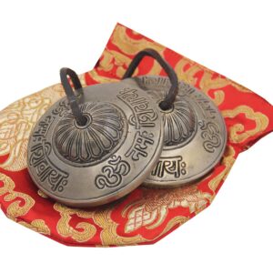 DharmaObjects Tibetan Premium Large Quality "Om Namah Shivaya" Tingsha Cymbals 3" With Pouch