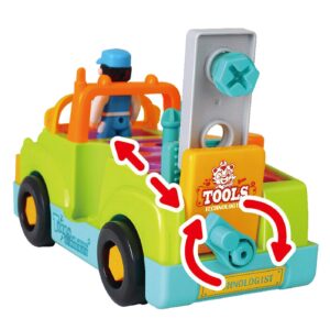 Toddler Tool Set Toy Trucks Kids Mechanic Workbench Take Apart Musical Toolbox with Electric Drill, Power Play Tools, Lights, Bump and Go Building Toy for 2 Year Old Boys