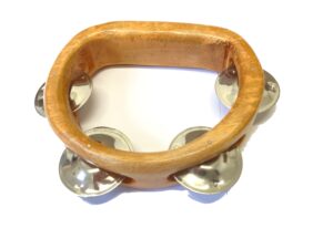 wooden half moon headless tambourine/shaker with 4 jingles - beautiful sound, fair trade