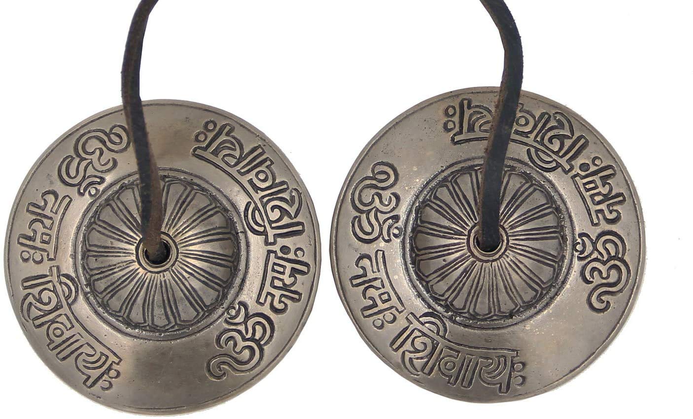 DharmaObjects Tibetan Premium Large Quality "Om Namah Shivaya" Tingsha Cymbals 3" With Pouch