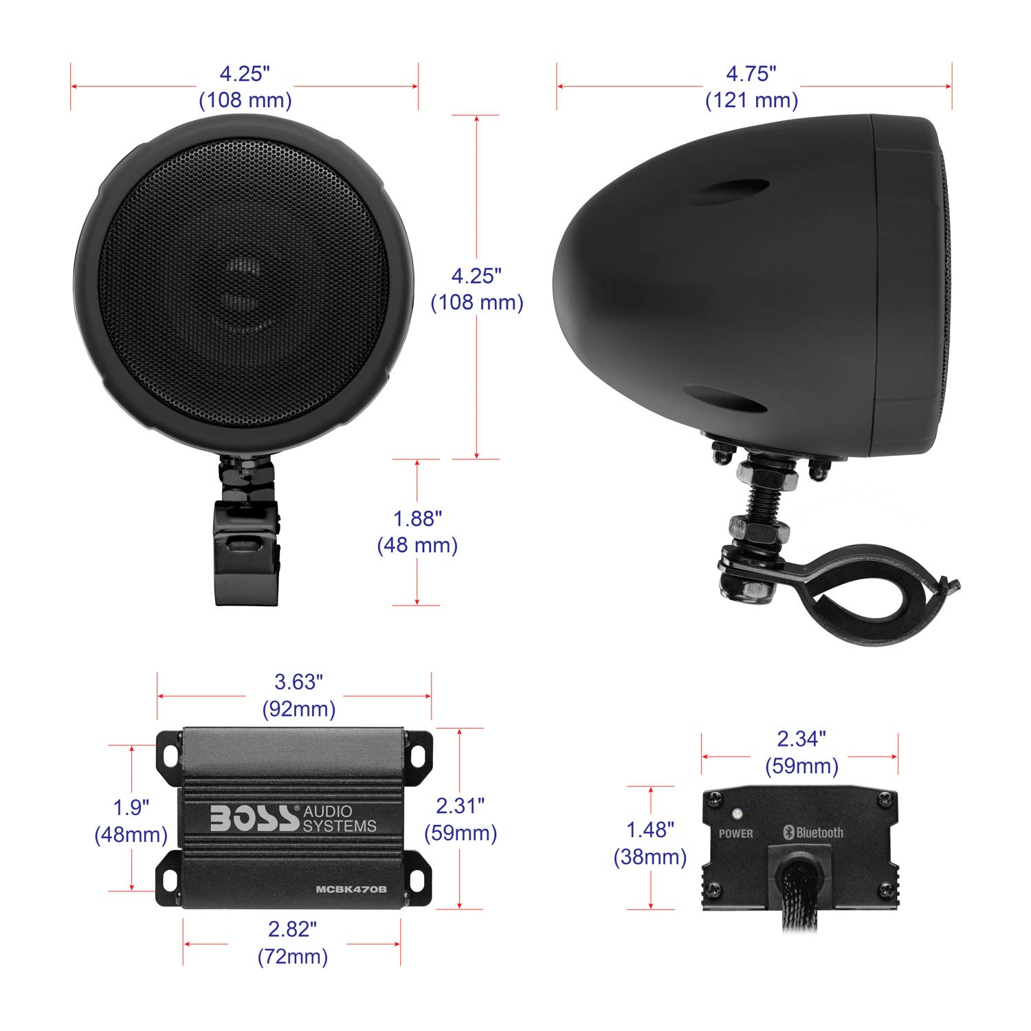 BOSS Audio Systems MCBK470B Motorcycle Bluetooth Speaker System - Class D Compact Amplifier, 3 Inch Weatherproof Speakers, Volume Control, Great for Use With ATVs and 12 Volt Vehicles