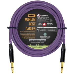 worlds best cables 20 foot - gotham gac-2 aes/ebu (purple) – low-loss, 2xcore 2xshielded balanced digital & analog audio cable w/neutrik np3x-b ¼ inch (6.35mm) trs plugs - custom made