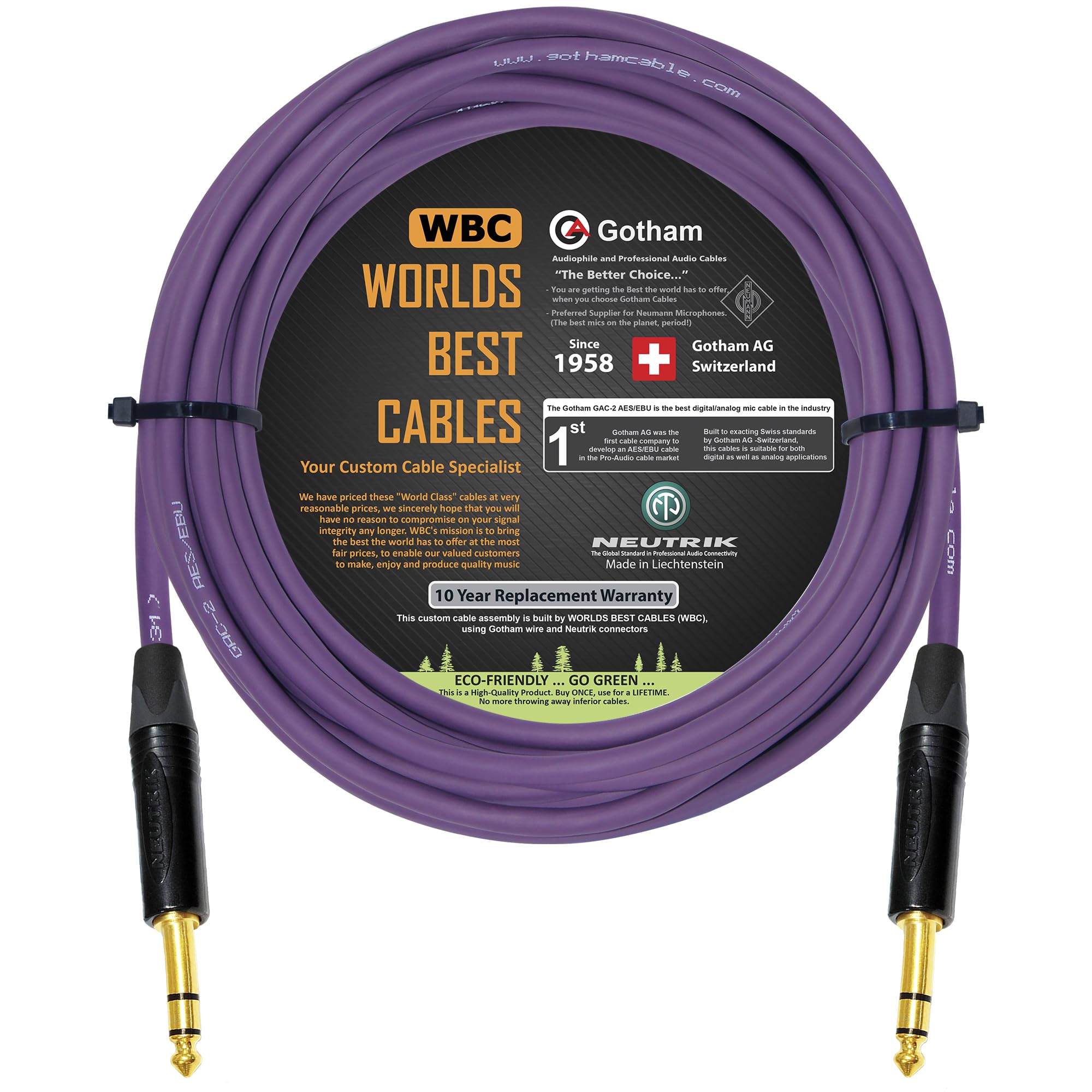 WORLDS BEST CABLES 20 Foot - Gotham GAC-2 AES/EBU (Purple) – Low-Loss, 2xCore 2xShielded Balanced Digital & Analog Audio Cable w/Neutrik NP3X-B ¼ Inch (6.35mm) TRS Plugs - Custom Made