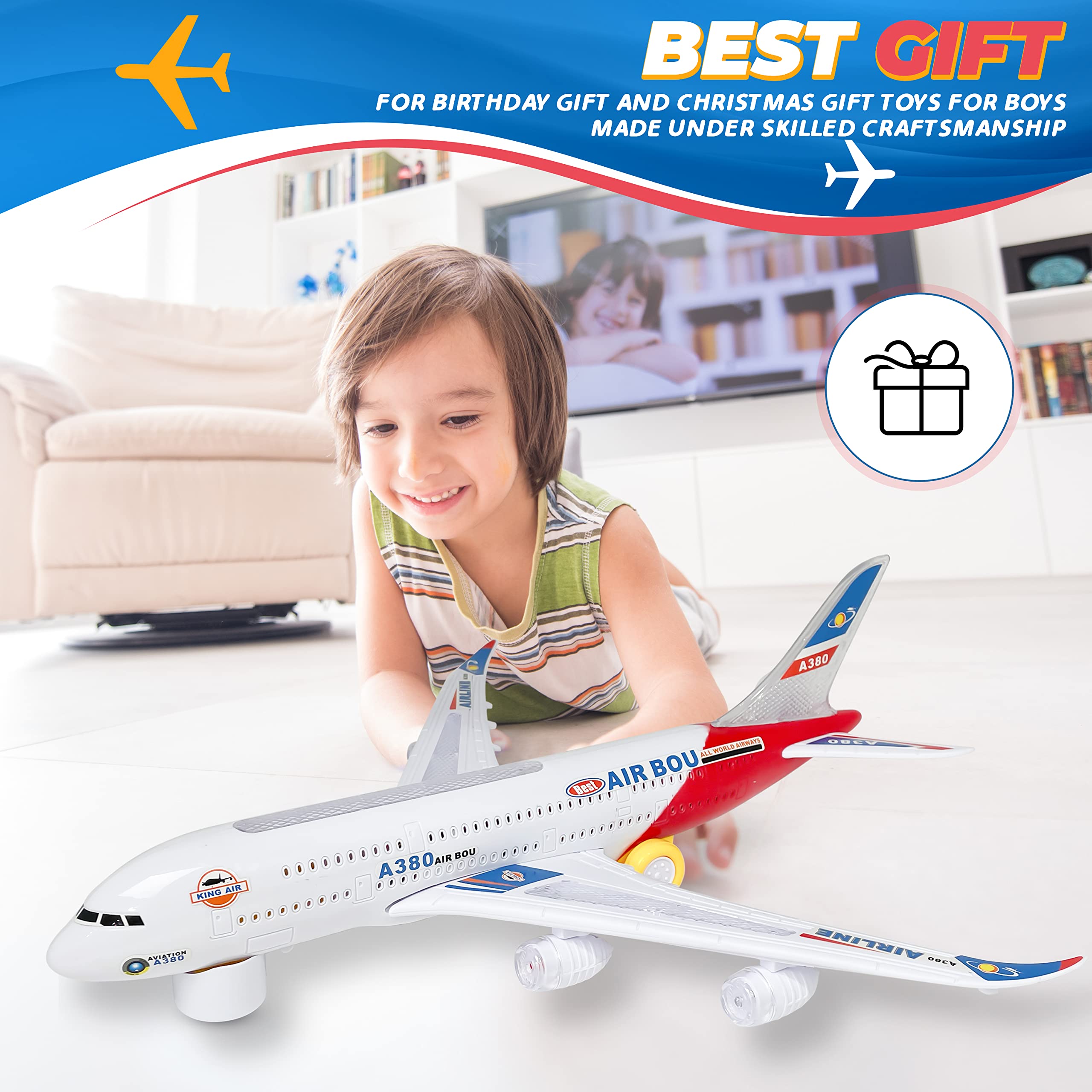 Kidsthrill Airplane Toy with Bump & Go, Flashing Lights & Sounds - For Boys & Girls Age 3-12