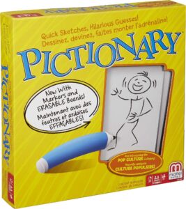 mattel games pictionary board game, drawing game for kids, adults and game night with dry erase markers and boards