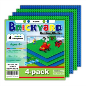 brickyard building blocks lego compatible baseplate - pack of 4 large 10 x 10 inch base plates for toy bricks, stem activities & display table - green