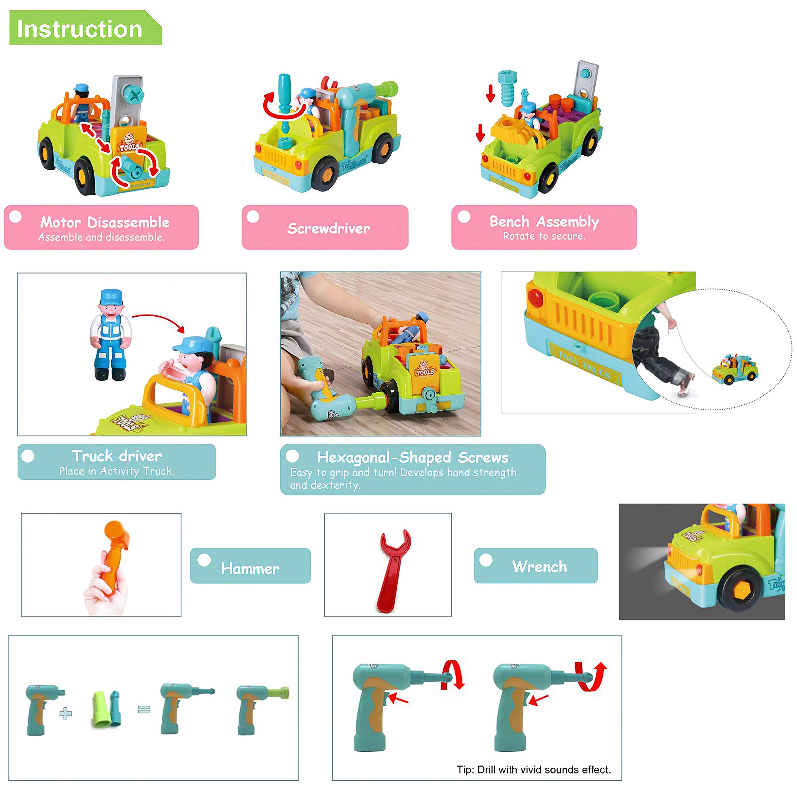 Toddler Tool Set Toy Trucks Kids Mechanic Workbench Take Apart Musical Toolbox with Electric Drill, Power Play Tools, Lights, Bump and Go Building Toy for 2 Year Old Boys