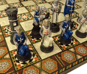 medieval times crusades warrior chess set blue & white maltese cross with 16 1/2" mossaic color board