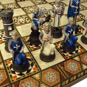 Medieval Times Crusades Warrior Chess Set Blue & White Maltese Cross with 16 1/2" Mossaic Color Board