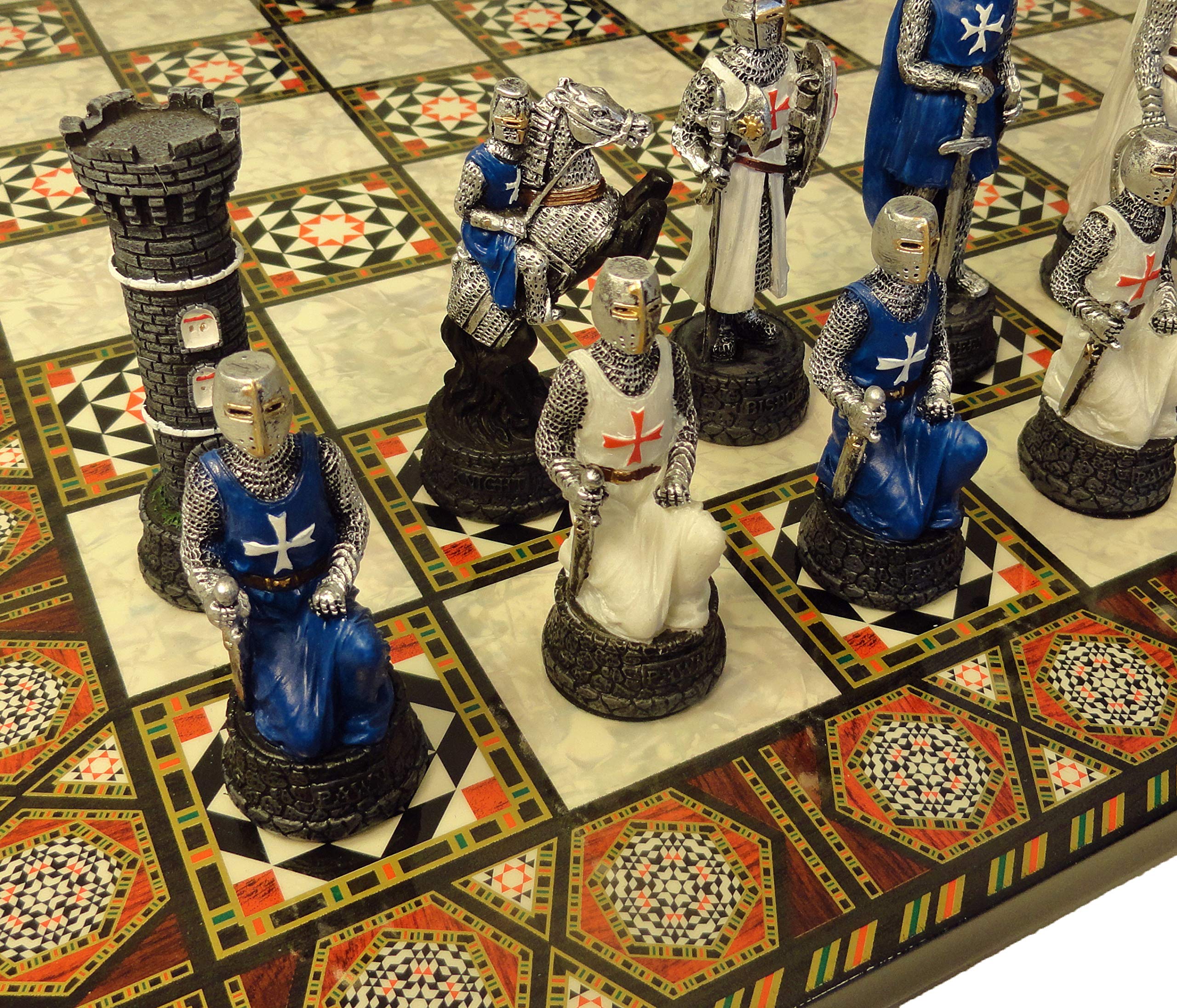 Medieval Times Crusades Warrior Chess Set Blue & White Maltese Cross with 16 1/2" Mossaic Color Board