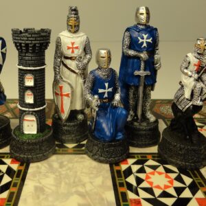 Medieval Times Crusades Warrior Chess Set Blue & White Maltese Cross with 16 1/2" Mossaic Color Board