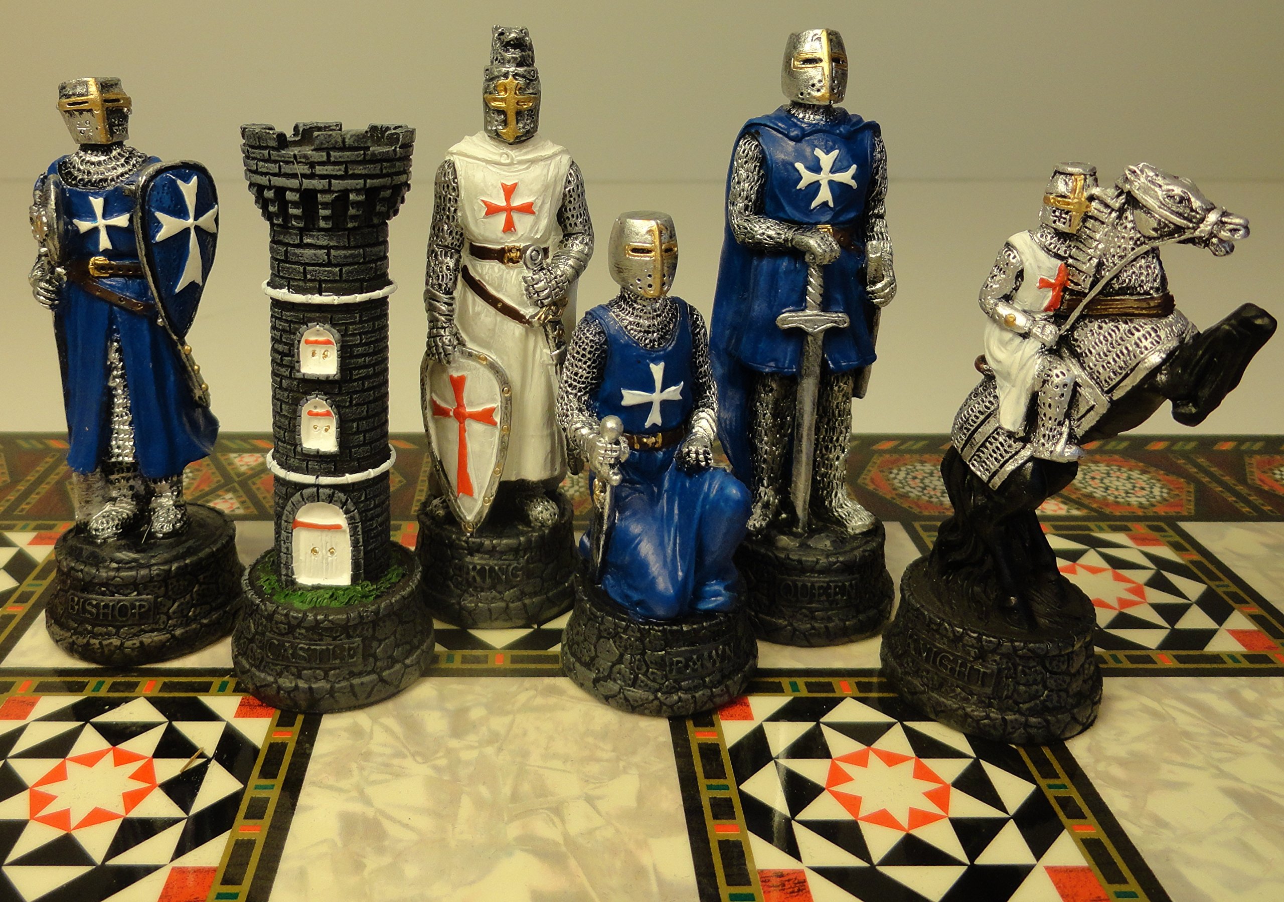 Medieval Times Crusades Warrior Chess Set Blue & White Maltese Cross with 16 1/2" Mossaic Color Board