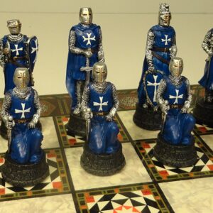 Medieval Times Crusades Warrior Chess Set Blue & White Maltese Cross with 16 1/2" Mossaic Color Board