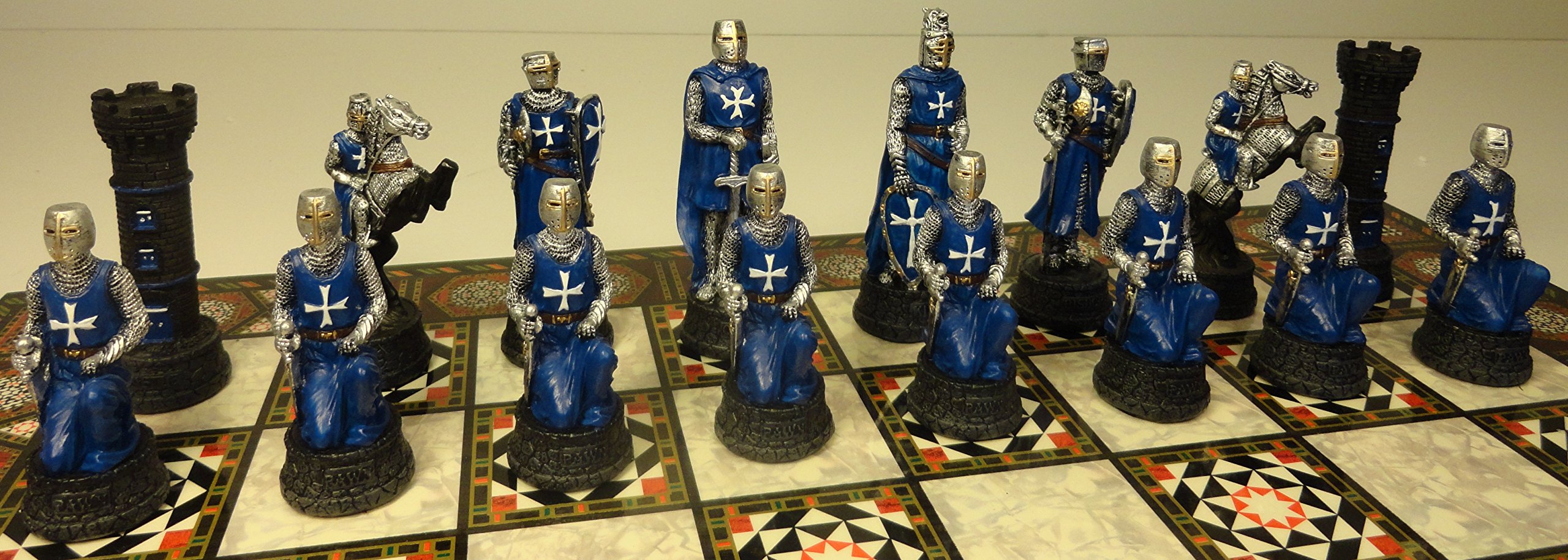 Medieval Times Crusades Warrior Chess Set Blue & White Maltese Cross with 16 1/2" Mossaic Color Board