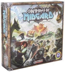 grey fox games champions of midgard strategy board game, 60-90 minute playing time, ages 10 and up, 2-4 players, dice-driven combat to gain the most glory & become the next jarl