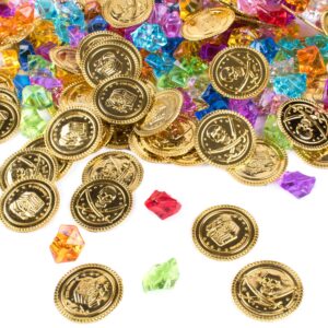 super z outlet pirate plastic gold colored coins buried treasure and pirate gems jewelry playset activity game piece pack party favor decorations (120 coins + 120 gems)