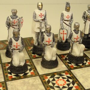 Medieval Times Crusades Warrior Chess Set Blue & White Maltese Cross with 16 1/2" Mossaic Color Board