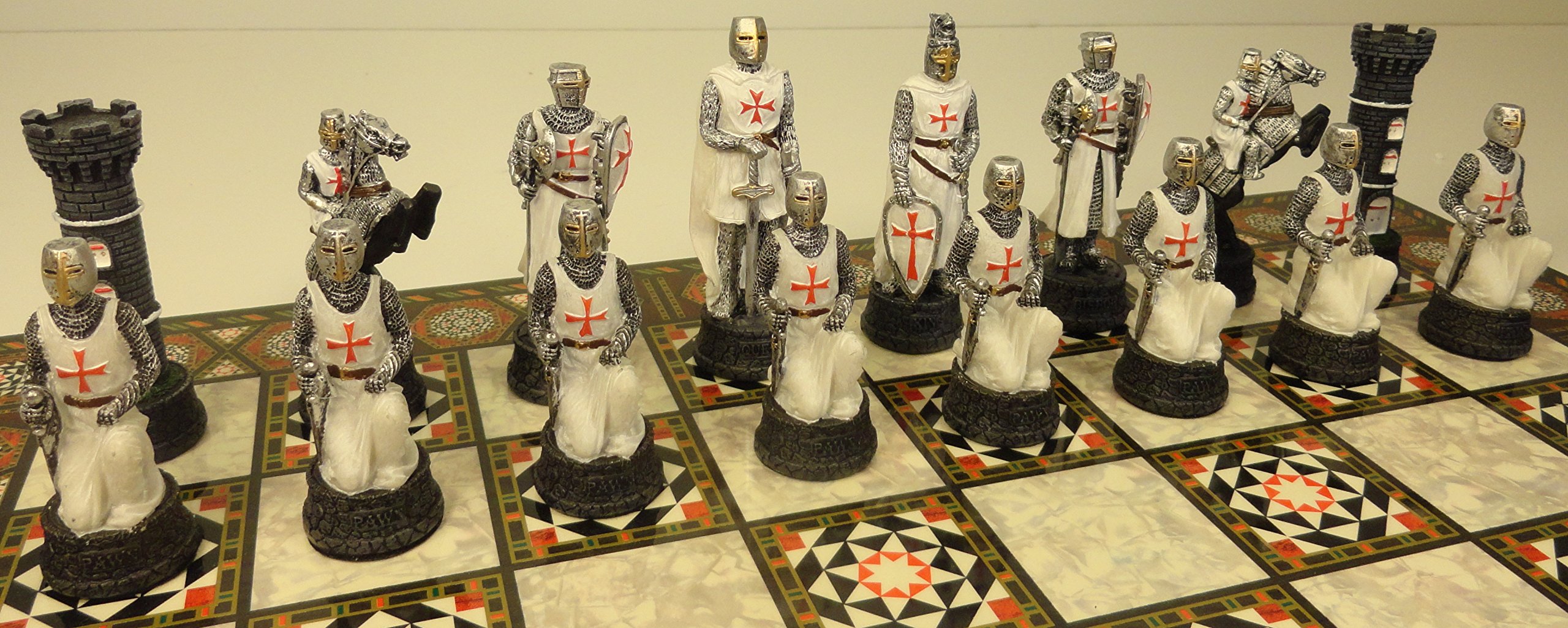 Medieval Times Crusades Warrior Chess Set Blue & White Maltese Cross with 16 1/2" Mossaic Color Board