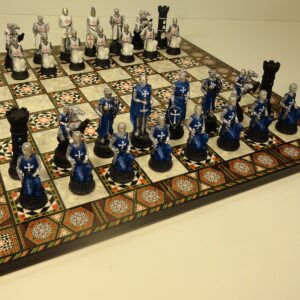 Medieval Times Crusades Warrior Chess Set Blue & White Maltese Cross with 16 1/2" Mossaic Color Board