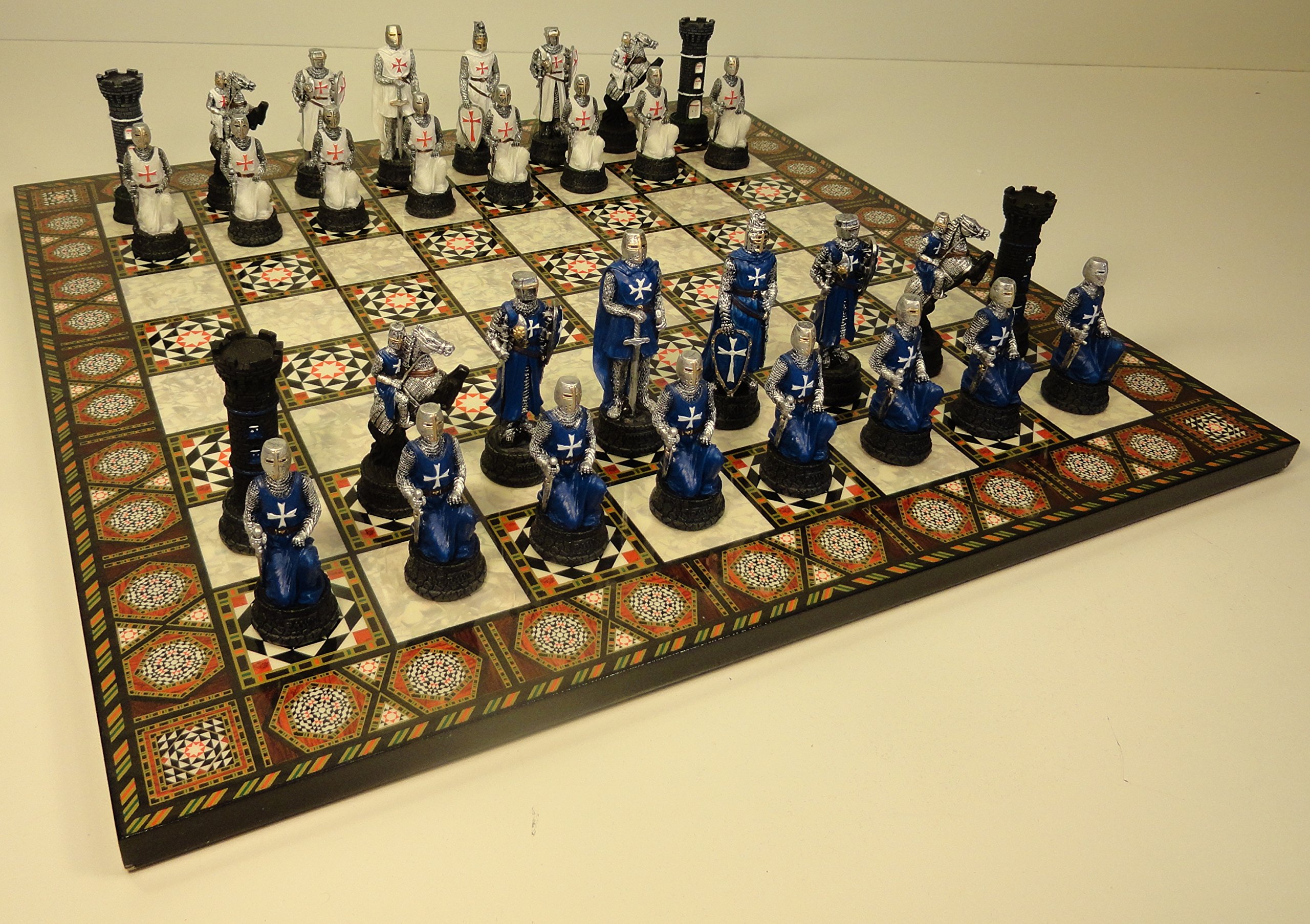 Medieval Times Crusades Warrior Chess Set Blue & White Maltese Cross with 16 1/2" Mossaic Color Board