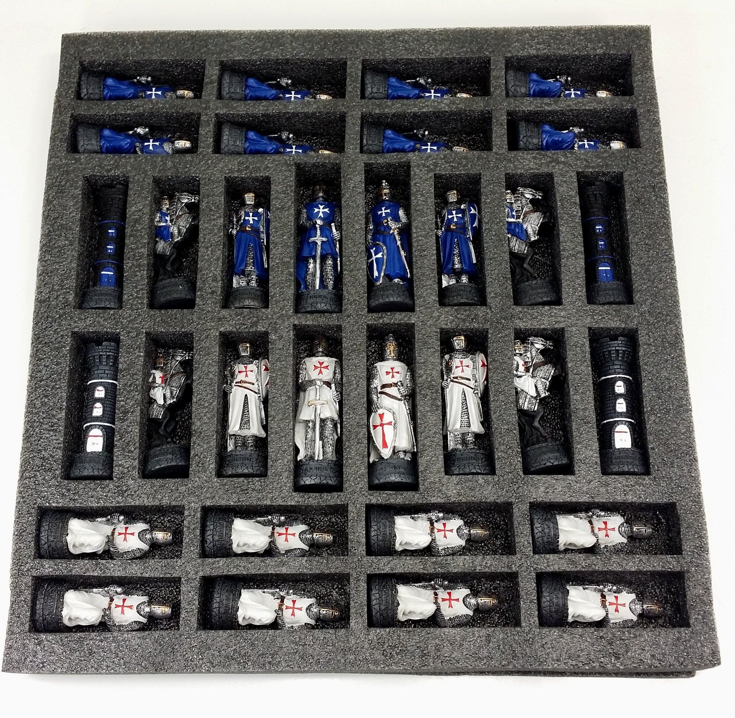 Medieval Times Crusades Warrior Chess Set Blue & White Maltese Cross with 16 1/2" Mossaic Color Board