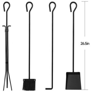 AMAGABELI GARDEN & HOME 5 Pieces Fireplace Tools Set Wrought Iron Holder Black Fireset Pit Stand Fire Place Log Tongs Tools Kit Sets with Handles Wood Stove Accessories