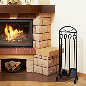 AMAGABELI GARDEN & HOME 5 Pieces Fireplace Tools Set Wrought Iron Holder Black Fireset Pit Stand Fire Place Log Tongs Tools Kit Sets with Handles Wood Stove Accessories