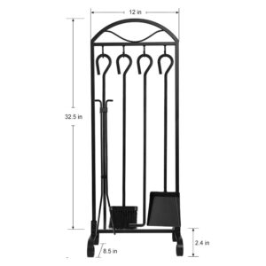 AMAGABELI GARDEN & HOME 5 Pieces Fireplace Tools Set Wrought Iron Holder Black Fireset Pit Stand Fire Place Log Tongs Tools Kit Sets with Handles Wood Stove Accessories