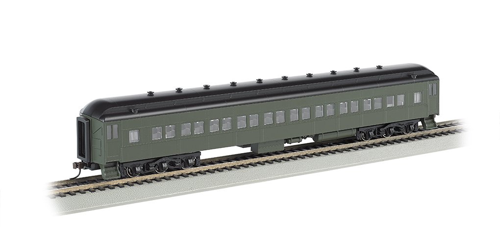 Bachmann Industries Painted Unlettered Pullman Green Ho Scale 72' Heavyweight Coach Car with Lighted Interior