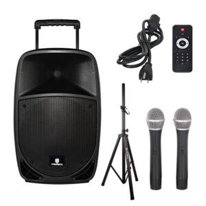 proreck freedom 15 portable 15-inch 800 watt 2-way rechargeable powered dj/pa speaker system with bluetooth/usb/sd card reader/fm radio/remote control/wireless microphones/speaker stand