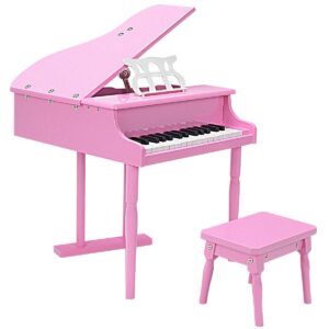 Goplus 30-Key Classical Kids Piano, Mini Grand Piano Wooden Learn-to-Play Musical Instrument Toy with Bench, Piano Lid, Music Rack, Gift for Boys Girls Aged 2+ Baby Toddler (3 Straight Leg-Pink)