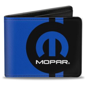 buckle-down men's pu bifold wallet-mopar logo/stripe2 black/blue, multicolor, 4.0" x 3.5"